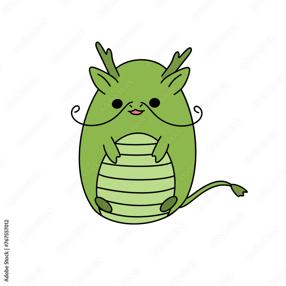 A green cartoon dragon with a mustache and horns is sitting on a white ...