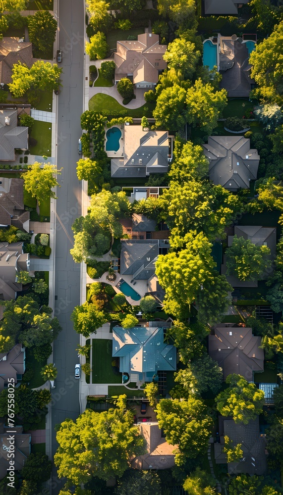 Bird's eye view of a lush suburban neighborhood with homes and green ...
