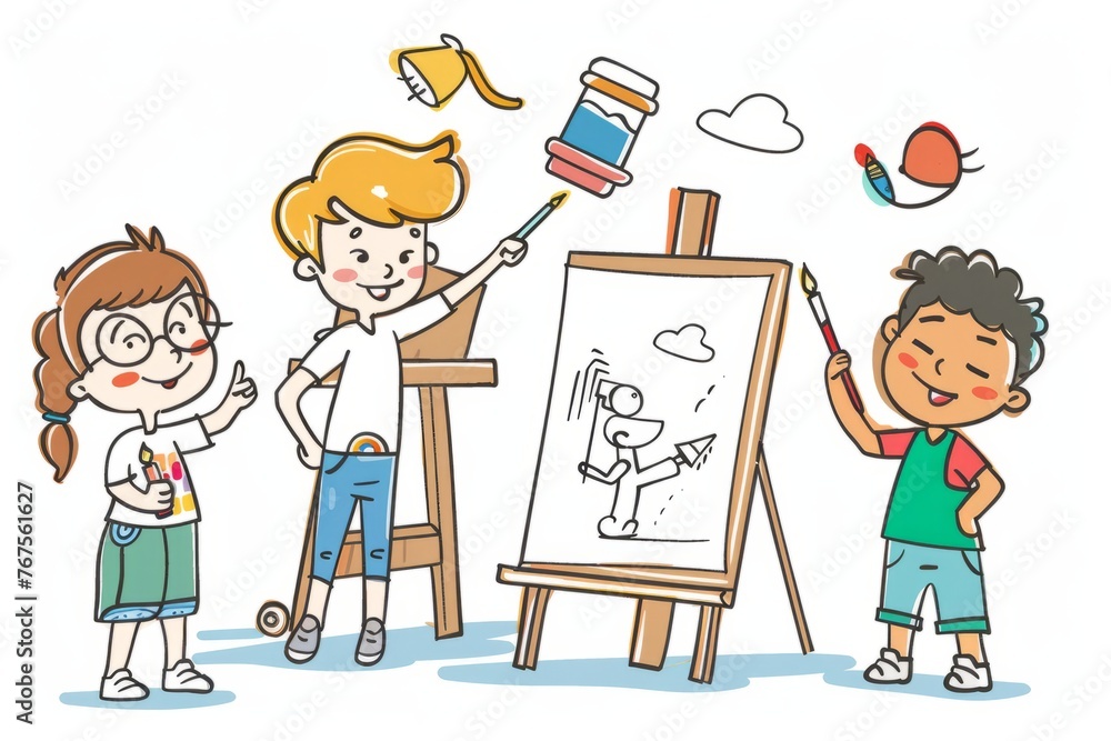 Cartoon cute doodles of a gallery art class for children, where ...