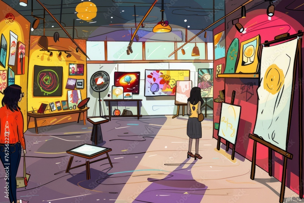 Cartoon cute doodles of a gallery curator giving a guided tour to a ...