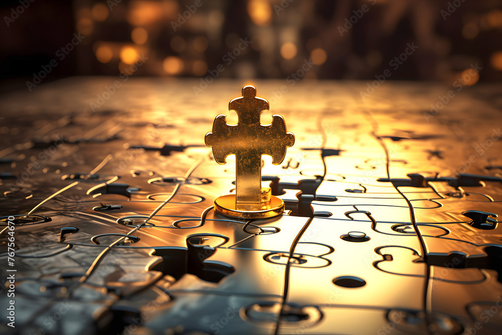 set of gold puzzles with a key. the concept of solving different ...