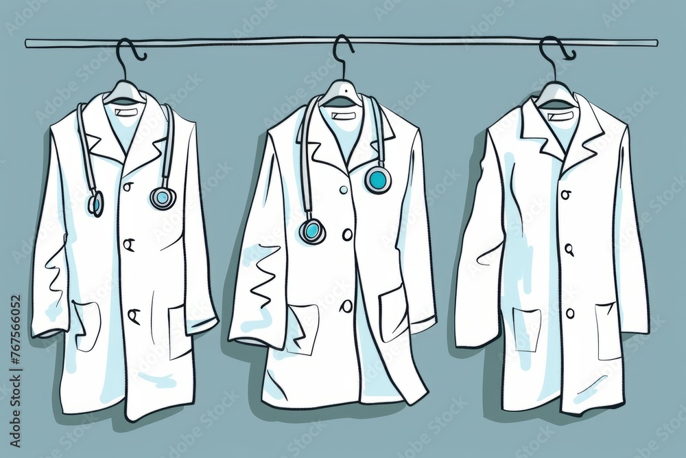 Cartoon cute doodles of lab coats hanging on hooks, ready for young ...