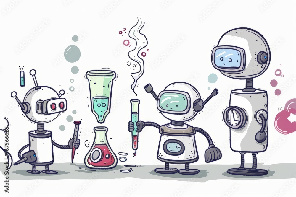 Cartoon cute doodles of laboratory robots assisting scientists with ...