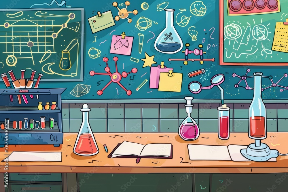 Cartoon cute doodles of science-themed posters and charts decorating ...