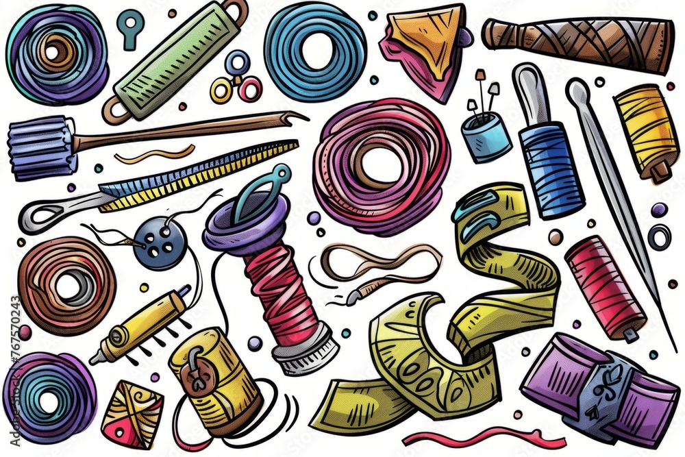 Cartoon cute doodles of sewing notions and accessories like buttons ...