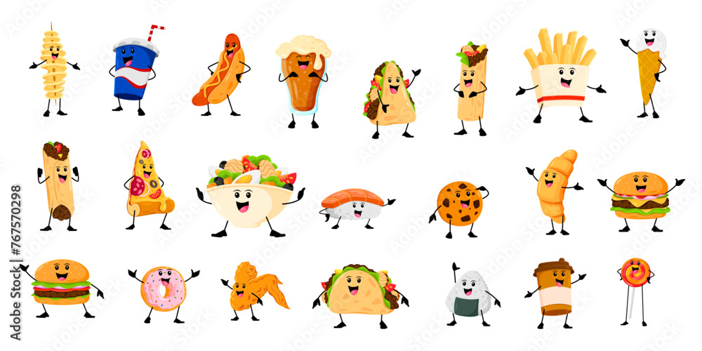 Cartoon cheerful funny takeaway fast food characters. Vector tornado ...