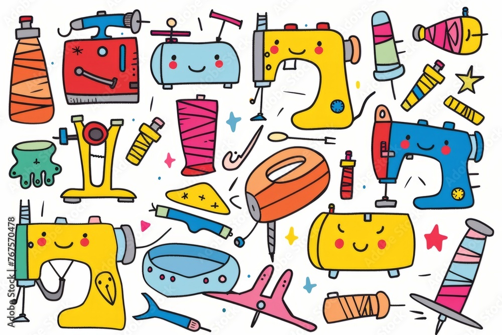 Cartoon cute doodles of smiling sewing machines, needles, and threads ...