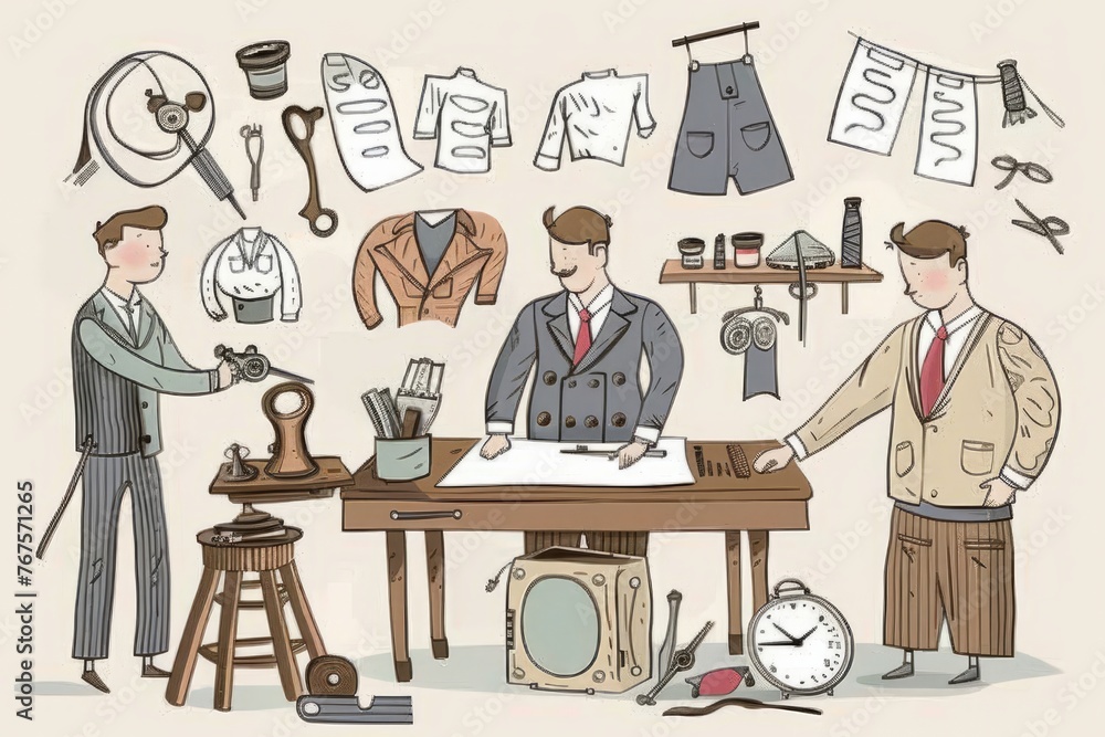 Cartoon cute doodles of tailor's tools and equipment organized neatly ...