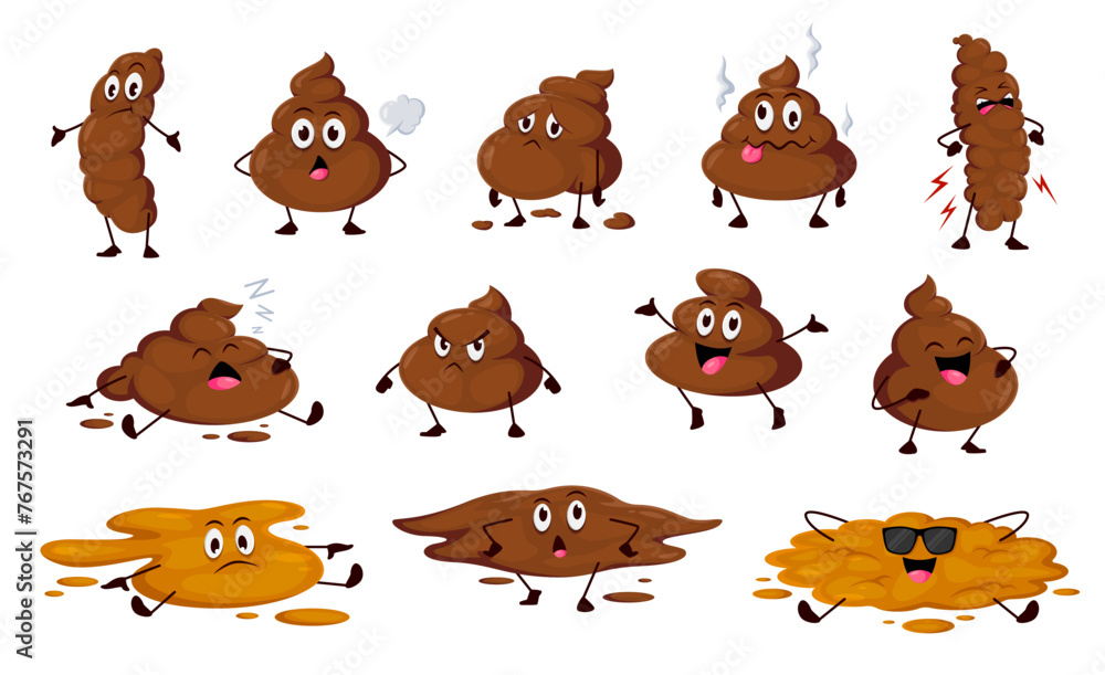 Poo happy, angry, sleeping and foolish cartoon emoji. Excrement cartoon ...