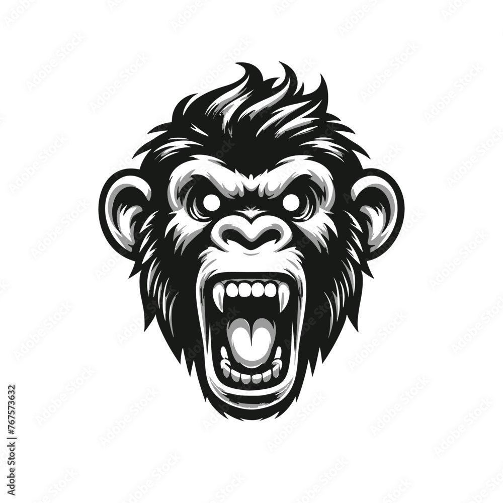 Black and white logo of an angry ape. vector logo of a mad chimpanzee isolated on white ...