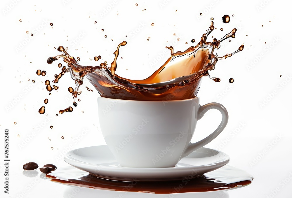 Cup of coffee with a splash drop fly with saucer on transparent ...