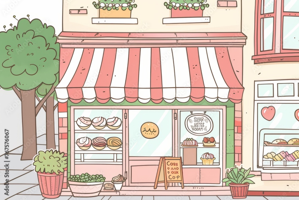 Cartoon cute doodles of a pastry shop storefront adorned with cheerful ...