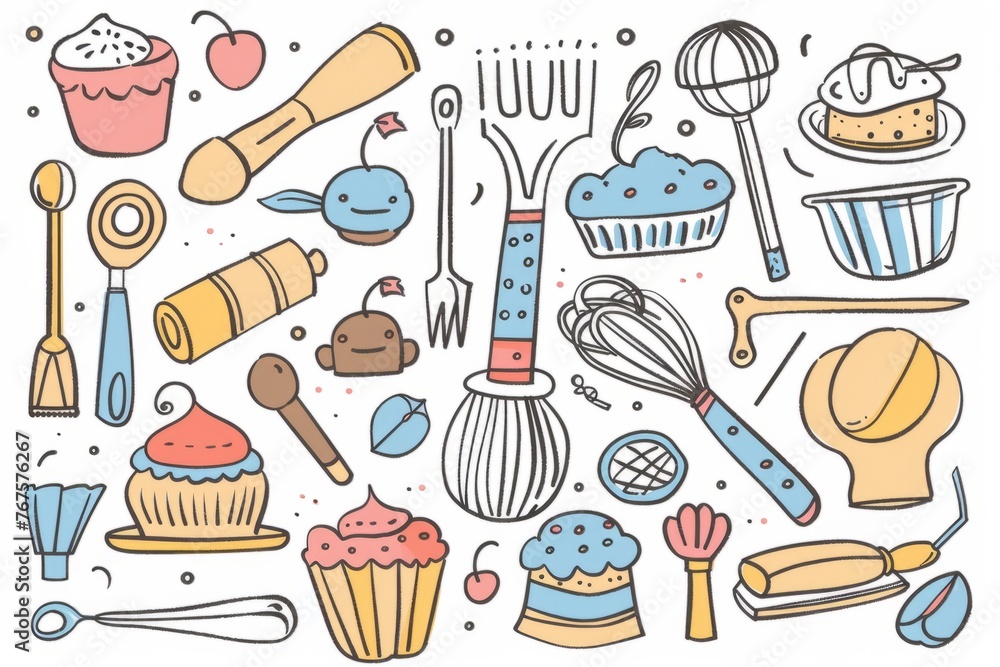 Cartoon cute doodles of a pastry shop's logo and branding, featuring ...