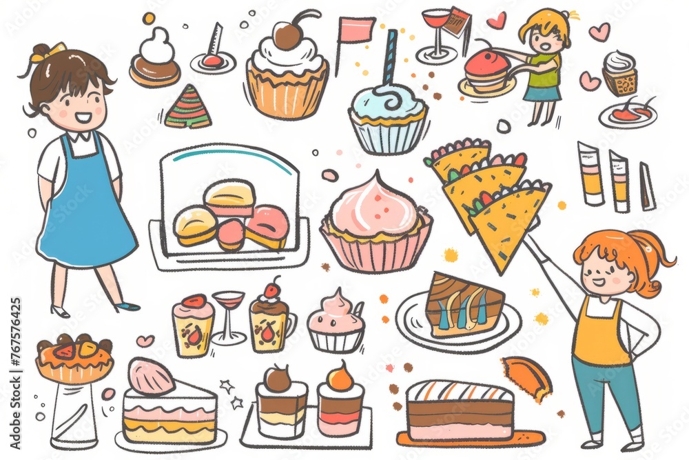 Cartoon cute doodles of a pastry shop's loyalty program, with customers ...