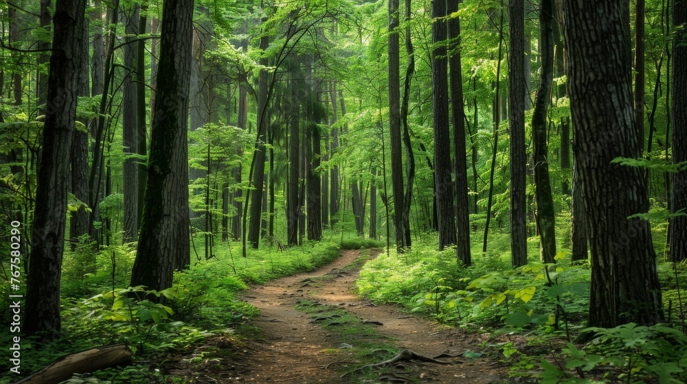 A peaceful walking trail winding through a forest of tall leafy trees ...
