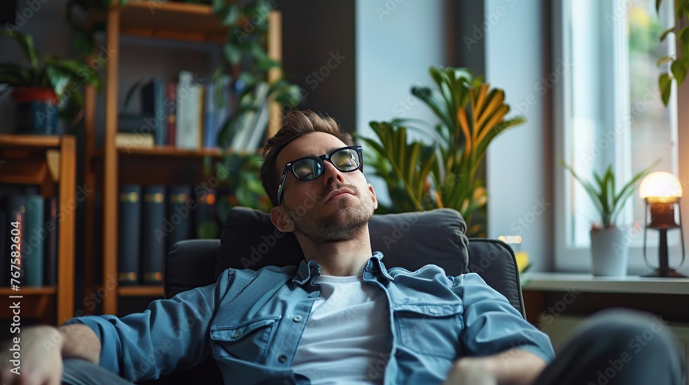 Calm millennial man in glasses sit relax at home office workplace take ...