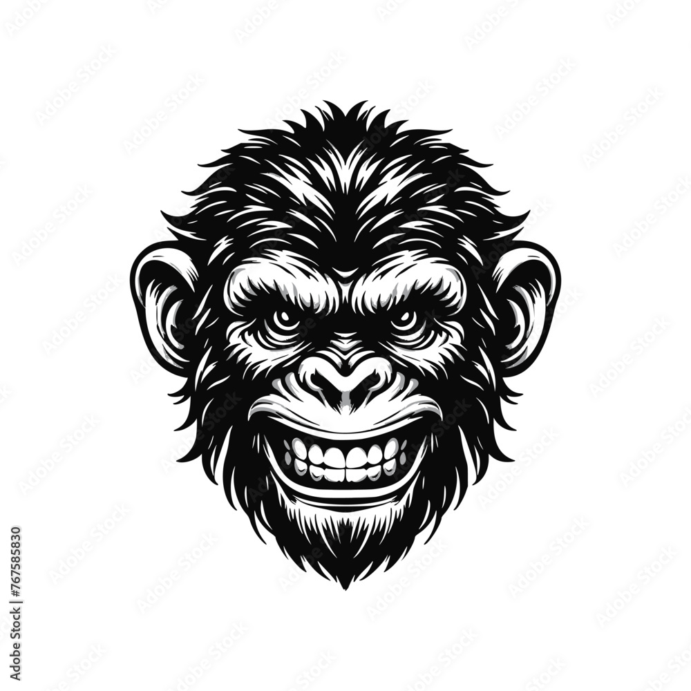 Black and white logo of an angry chimpanzee. vector illustration of a ...