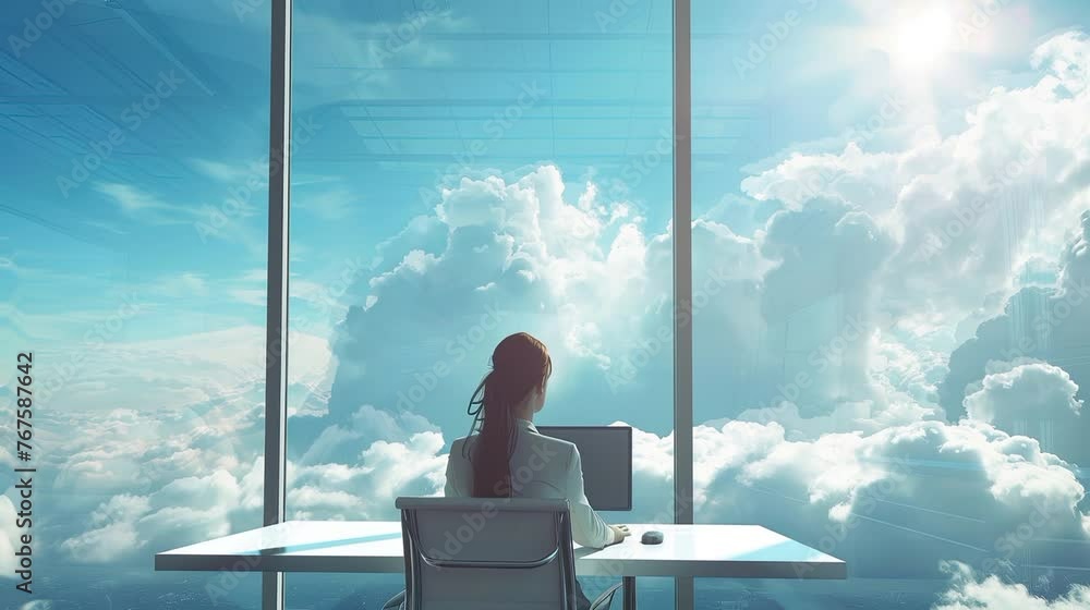 office woman on skyscaper office sit n front of a personal computer monitor near the big window ...