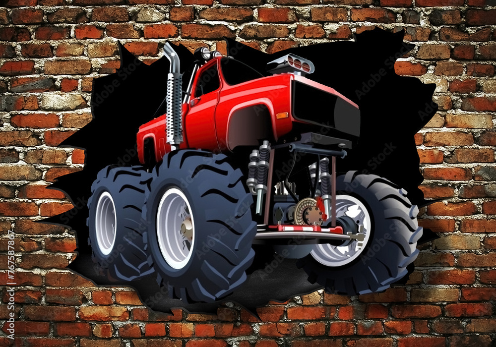 wallpaper design with a classic car jumping through a broken wall for ...