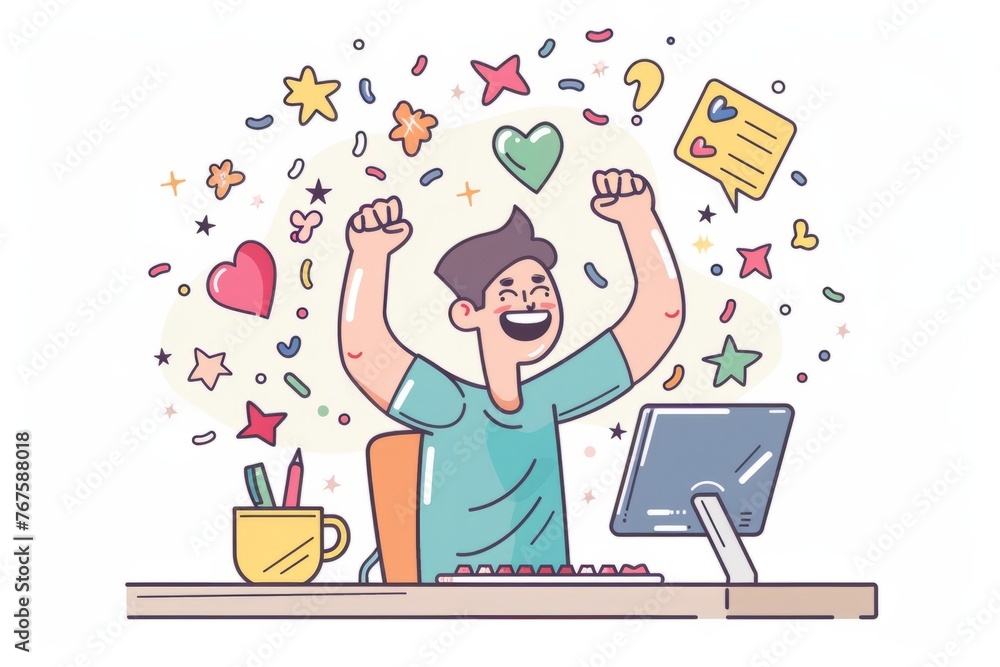 Cartoon cute doodles of a digital designer receiving positive feedback ...