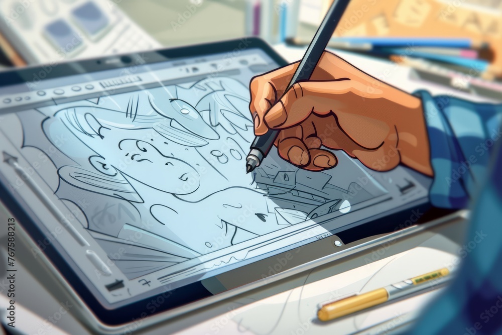 Cartoon cute doodles of a digital designer using a stylus to create ...