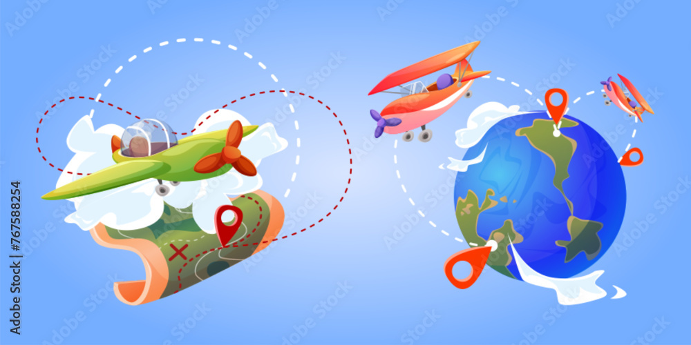 Travel around world set - cute kid plane flying over globe and paper ...