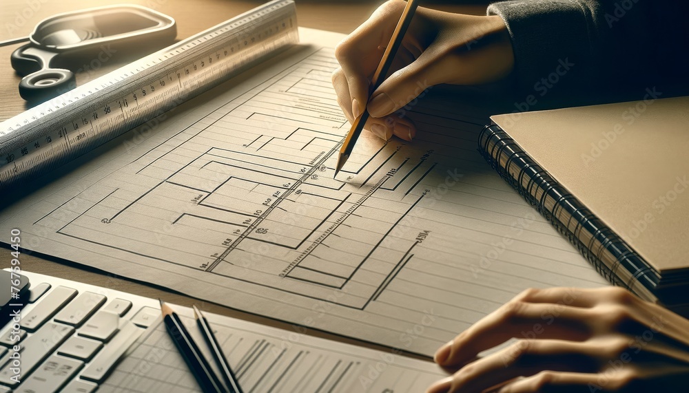 A close-up of a person's hand using a ruler and pencil to draw a ...