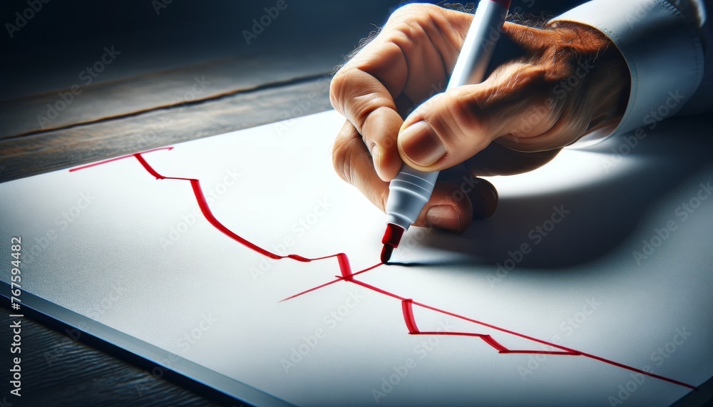 A close-up view of a person's hand drawing a downward sloping graph on ...