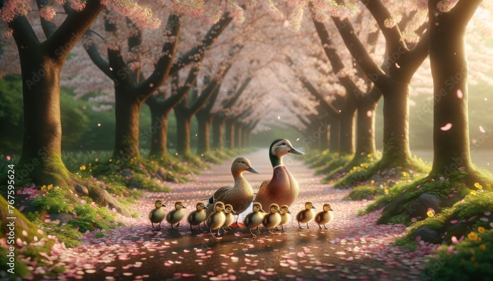 A touching and detailed scene depicting a pair of ducks leading a line ...