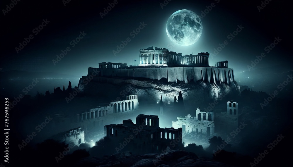 An eerie moonlit scene of the Acropolis, capturing the mysterious and ...
