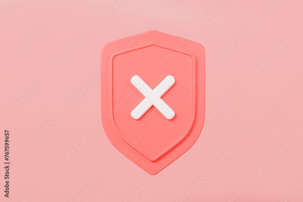 3d Realistic Shield unprotected with cross mark icon. Unprotection ...
