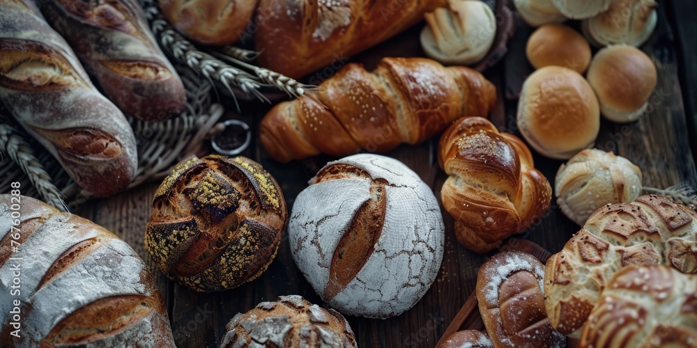 A table full of different types of bread and pastries. The breads are ...