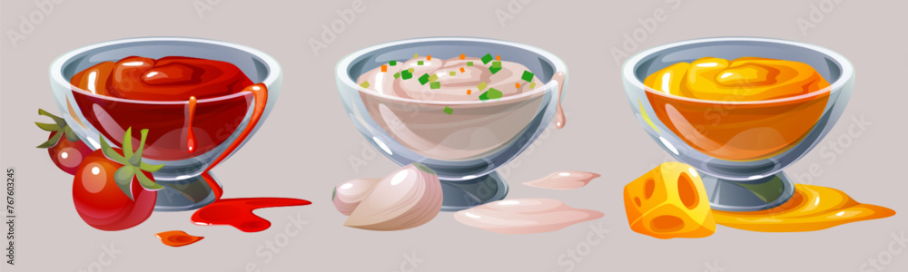 Dip sauce bowls set isolated on background. Vector cartoon illustration ...
