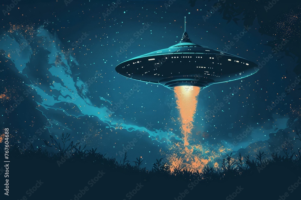 Retro-style UFO with a saucer shape Twilight Blues Hand-Drawn Textures ...