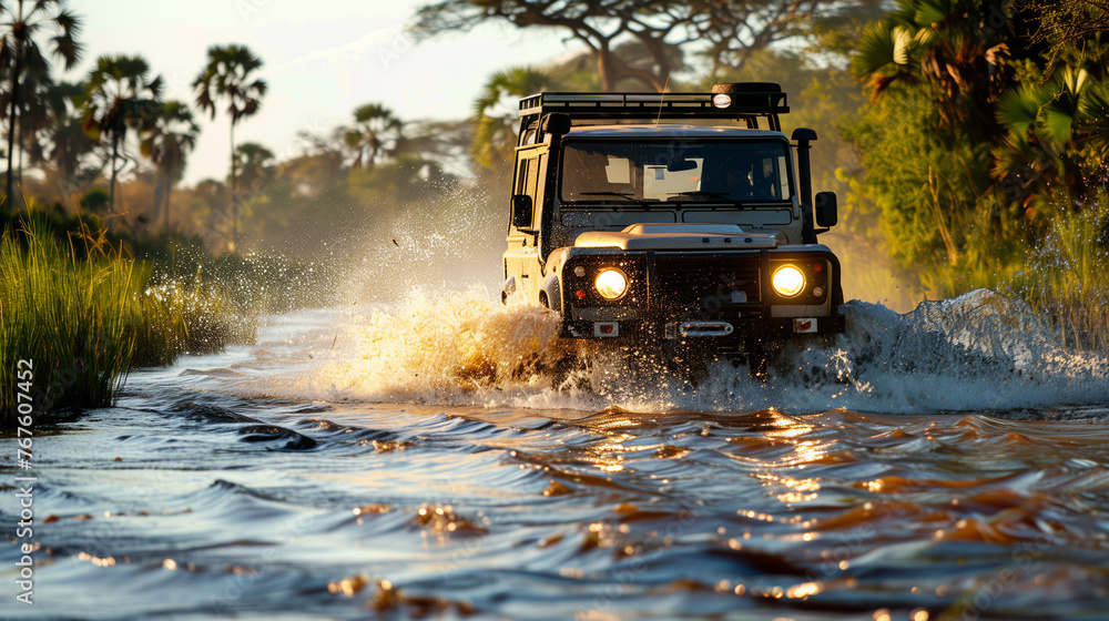 Off road safari vehicle driving in the water. Stock Illustration ...