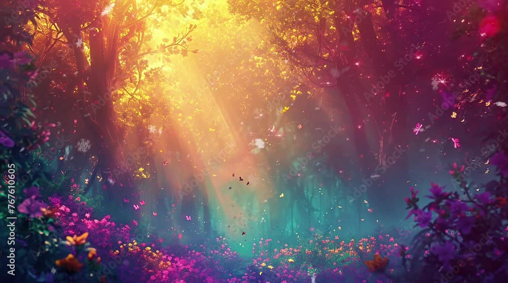 Mystical fantasy forest illuminated by soaring light beams Seamless ...