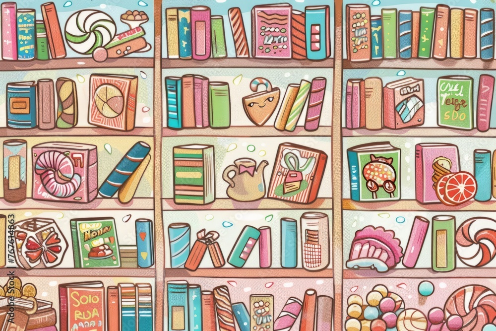 Cartoon cute doodles of a candy library filled with books made of candy ...