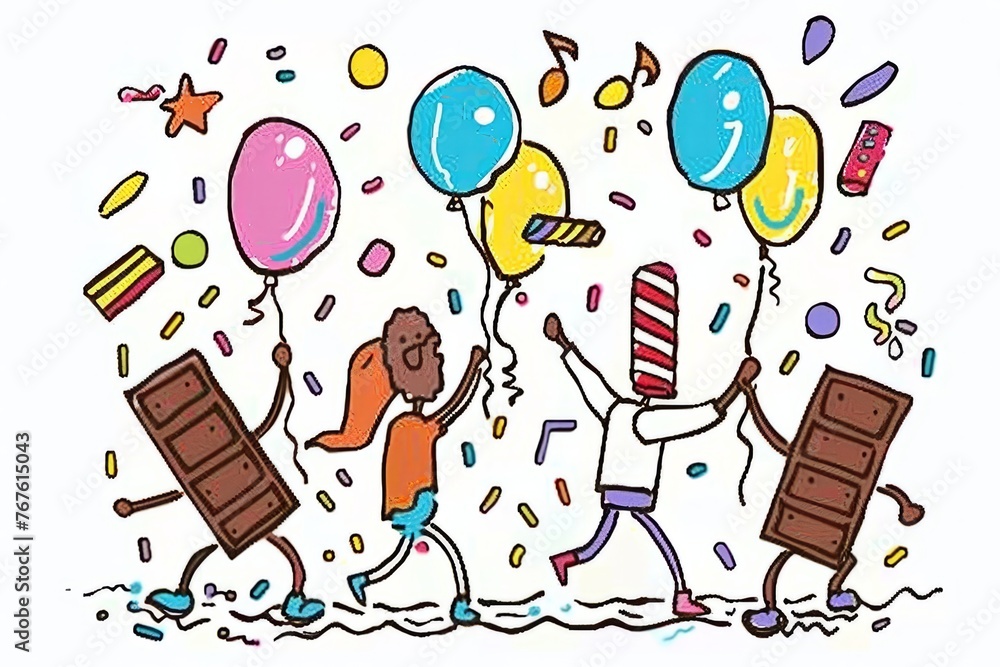 Cartoon cute doodles of a candy party with balloons made of bubblegum ...