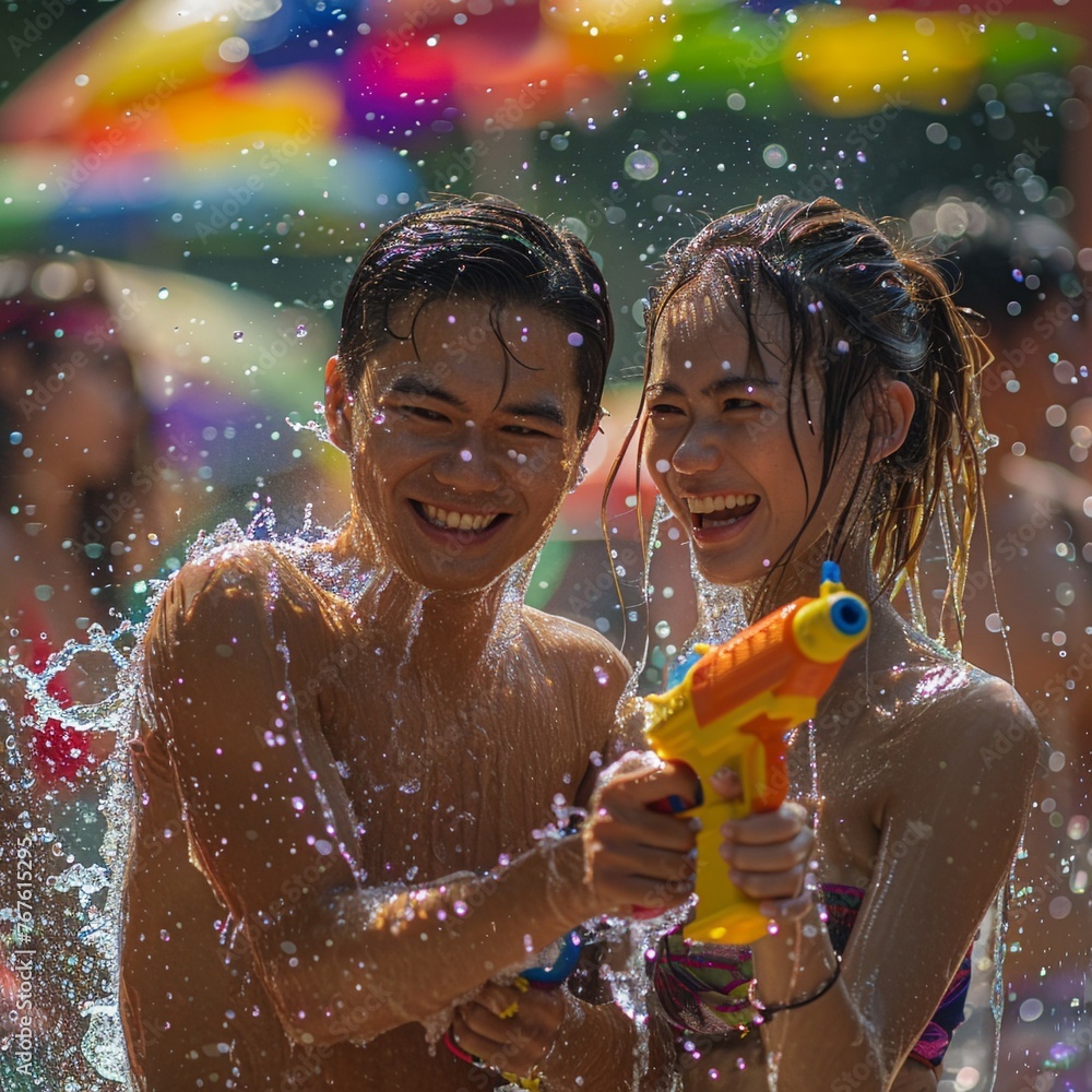 Songkran festival fashion, water guns blazing, people soaked in joy ...