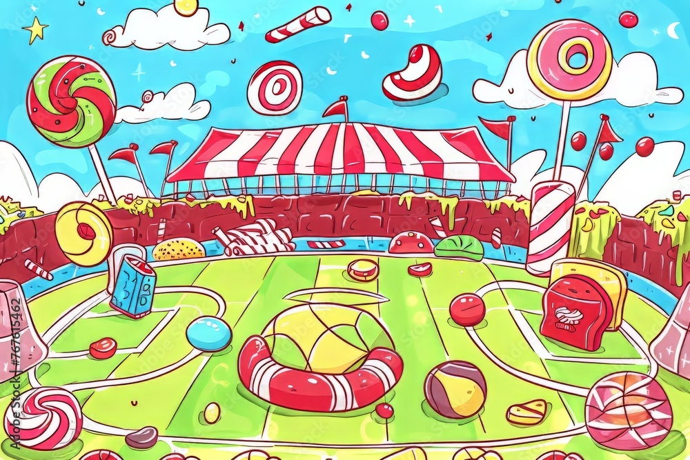 Cartoon cute doodles of a candy sports stadium where teams compete in ...