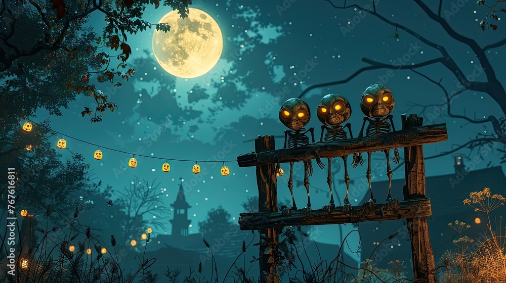 Spooky Halloween Night with Skeletons, Owl, and Wooden Banner under ...