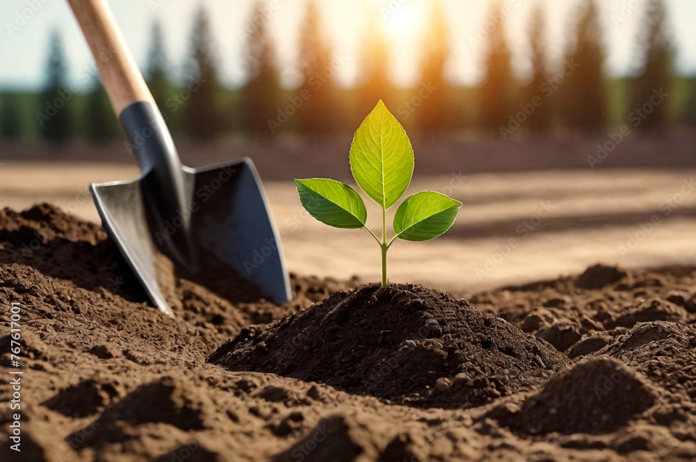Young tree sapling lies at dug hole next to shovel and is ready to ...
