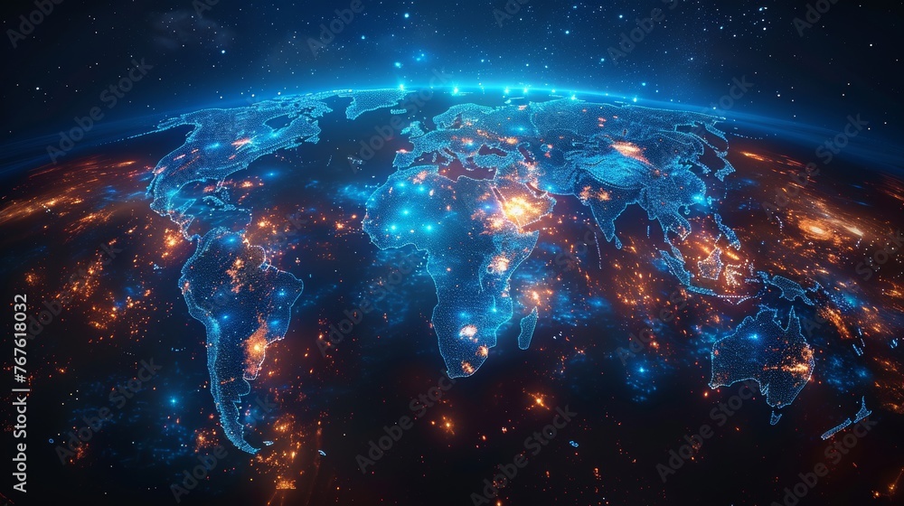 Conceptual world map shaped like a starry sky with planets, stars, and ...