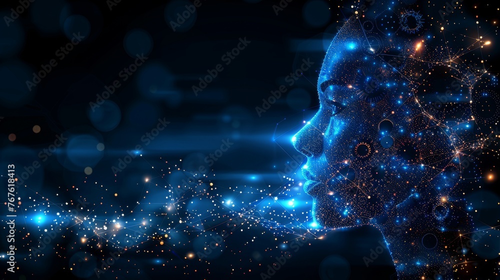 Digital low poly wireframe of three gears in a head. Engineering ...