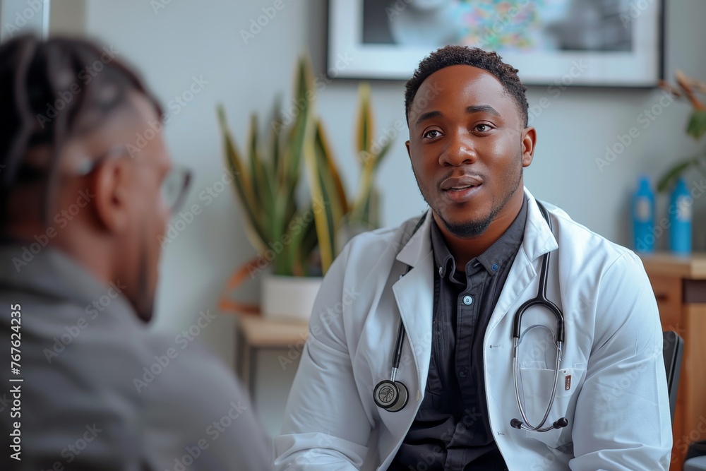 Black doctor and patient with status health update and advice report ...