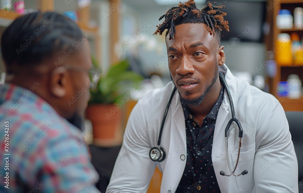 Black doctor and patient with status health update and advice report ...