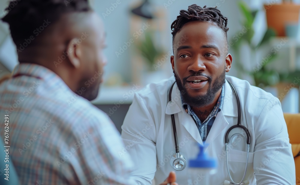 Black doctor and patient with status health update and advice report ...