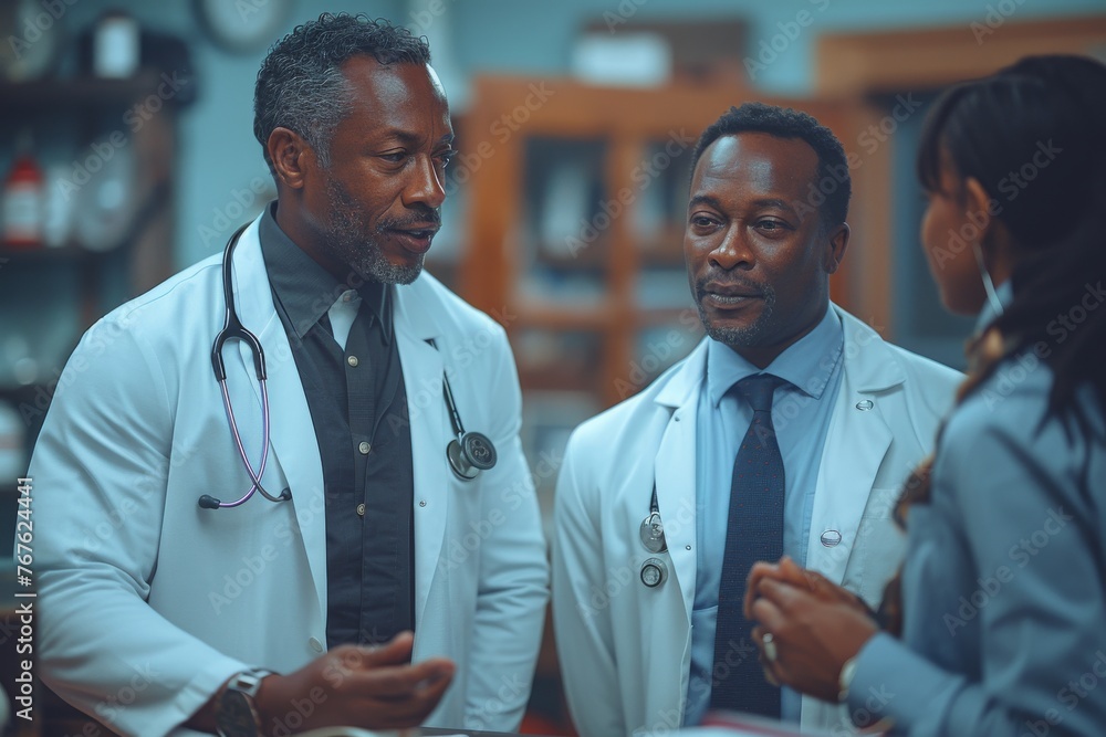 Black doctor and patient with status health update and advice report ...