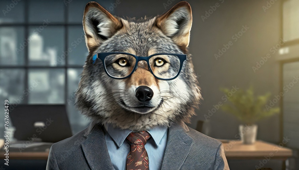 Wolf dressed as a businessperson in a tie, suit and with glasses. Stock ...