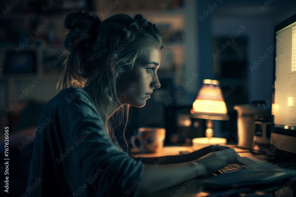 Woman working late at night from home in dark room, illuminated by the ...
